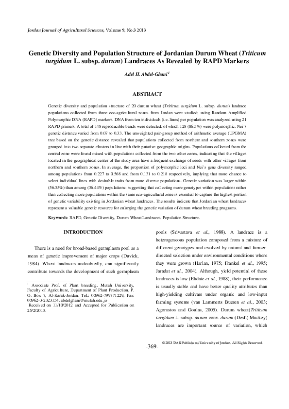 (PDF) Genetic Diversity and Population Structure of Jordanian Durum ...