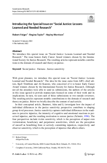 (PDF) Introducing the Special Issue on “Social Justice: Lessons Learned ...