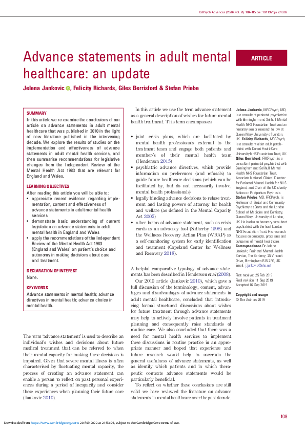(PDF) Advance statements in adult mental healthcare: an update