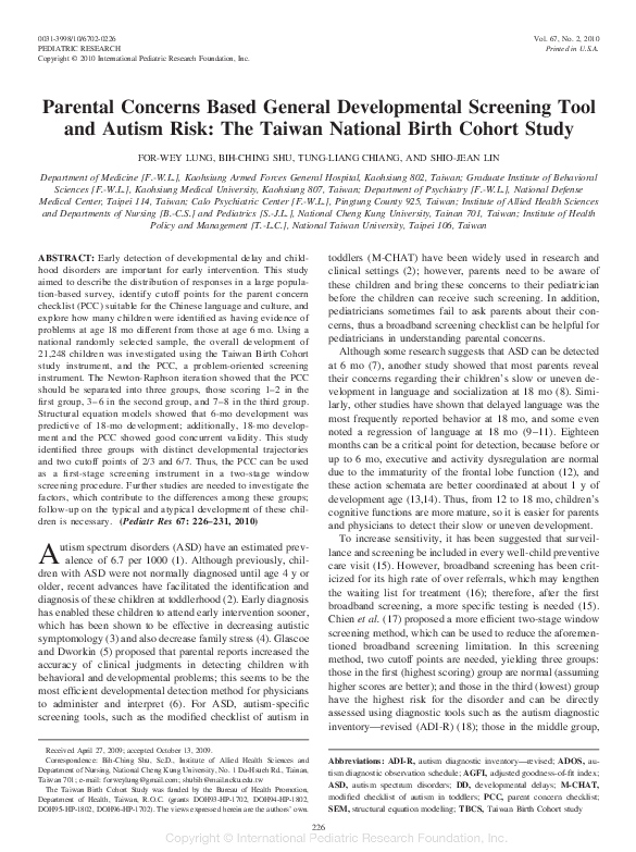 (PDF) Parental Concerns Based General Developmental Screening Tool and Autism Risk: The Taiwan ...