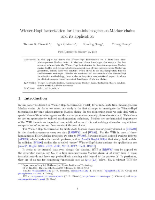 Pdf Wiener Hopf Factorization For Time Inhomogeneous Markov Chains And Its Application