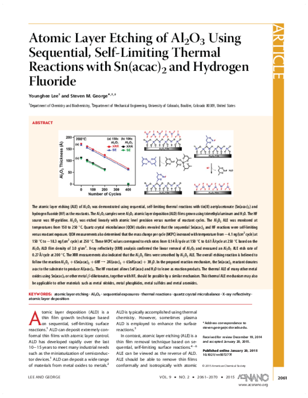 Pdf Atomic Layer Etching Of Al2o3 Using Sequential Self Limiting Thermal Reactions With Sn