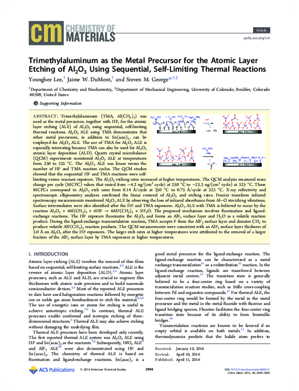(PDF) Trimethylaluminum as the Metal Precursor for the Atomic Layer Etching of Al2O3Using ...