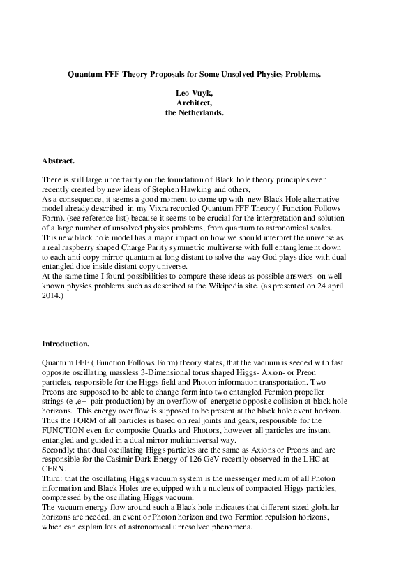 (PDF) Quantum FFF Theory Proposals for Some Unsolved Physics Problems