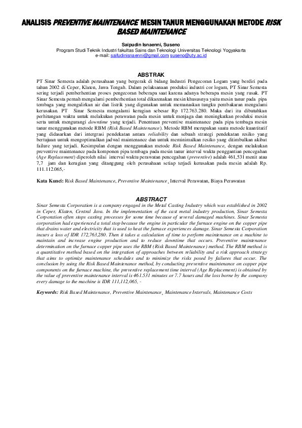 (PDF) Analisis Preventive Maintenance Mesin Tanur Menggunakan Metode ...