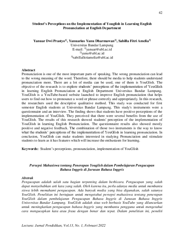 (PDF) Student’s Perceptions on the Implementation of Youglish in Learning English Pronunciation ...