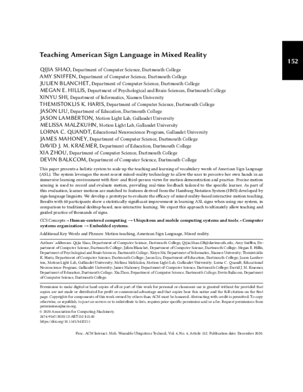 (PDF) Teaching American Sign Language in Mixed Reality