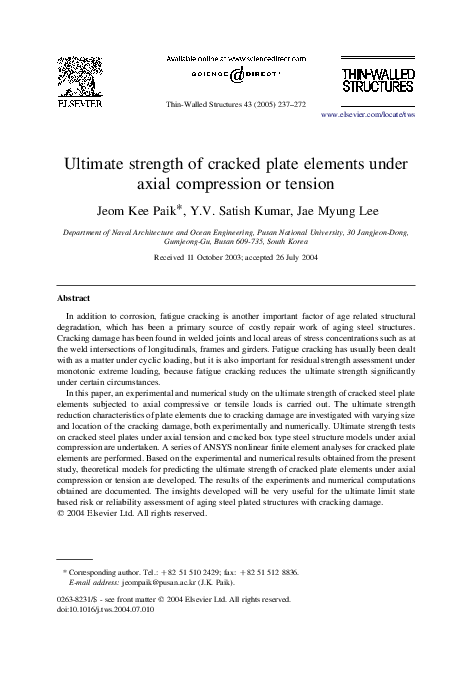 (PDF) Ultimate strength of cracked plate elements under axial ...
