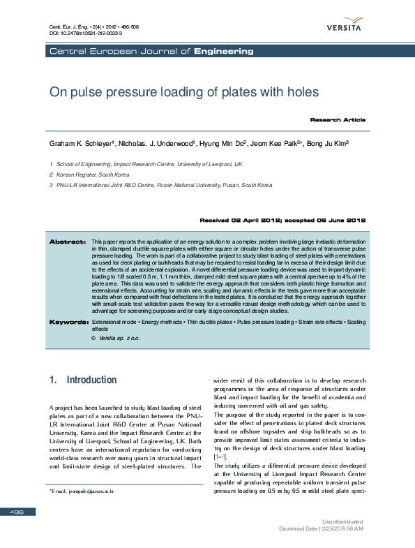(PDF) On pulse pressure loading of plates with holes