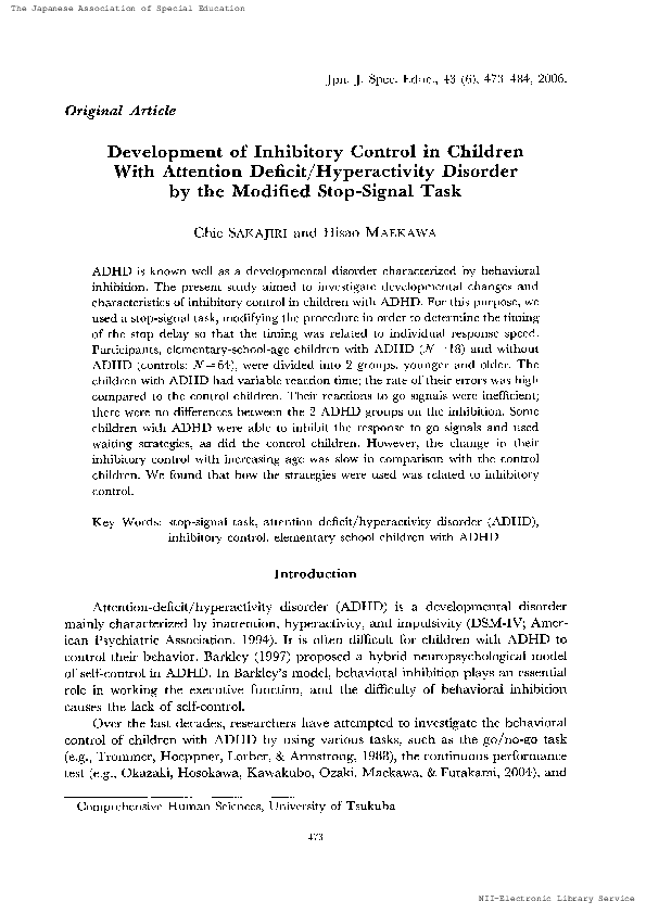 (PDF) Development of Inhibitory Control in Children With Attention ...