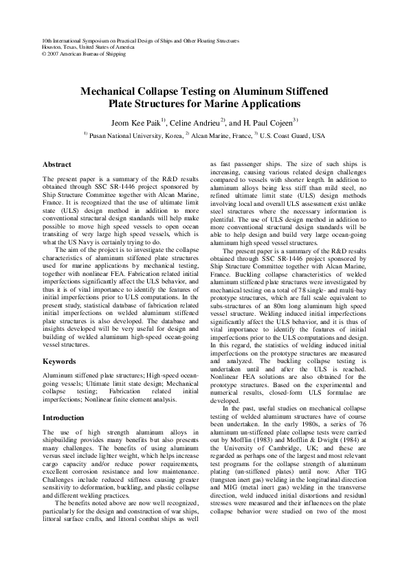 (PDF) Mechanical Collapse Testing on Aluminum Stiffened Plate ...