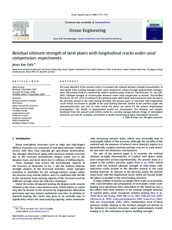 (PDF) Residual ultimate strength of steel plates with longitudinal ...