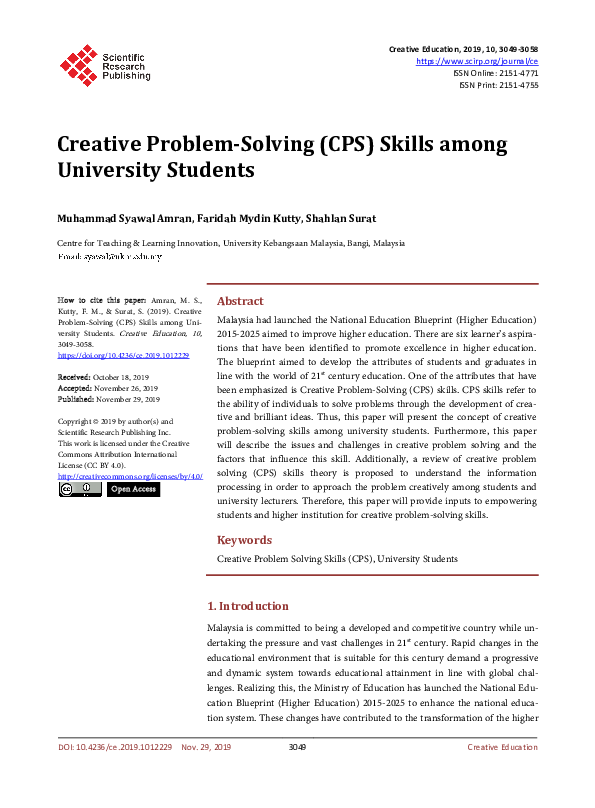 (PDF) Creative Problem-Solving (CPS) Skills among University Students