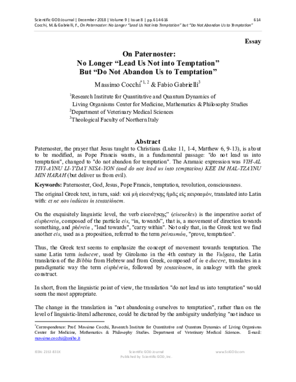 (PDF) On Paternoster: No Longer “Lead Us Not into Temptation” but “Do ...