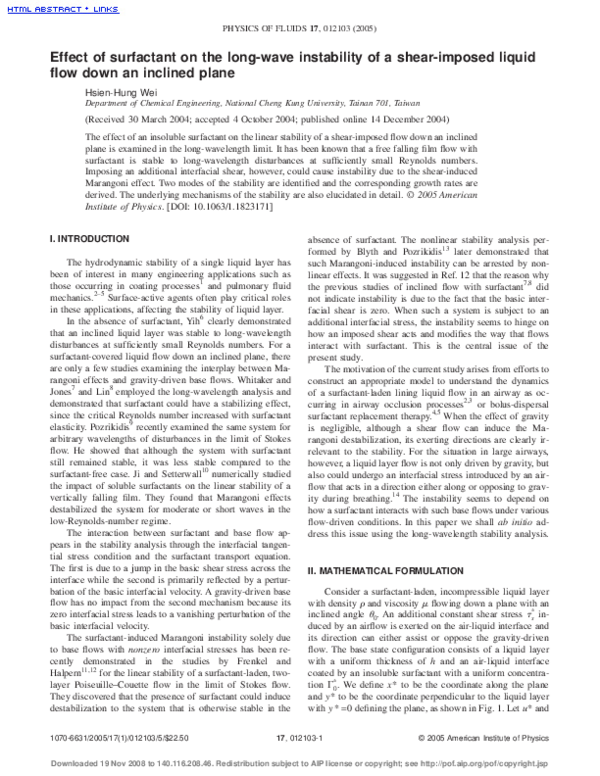 (PDF) Effect of surfactant on the long-wave instability of a shear ...