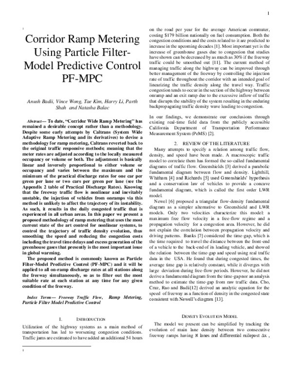 Pdf Corridor Ramp Metering Using Particle Filter Model Predictive Control Pf Mpc V