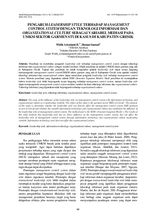 (PDF) Pengaruh Leadership Style Terhadap Management Control System Dengan Teknologi Informasi ...