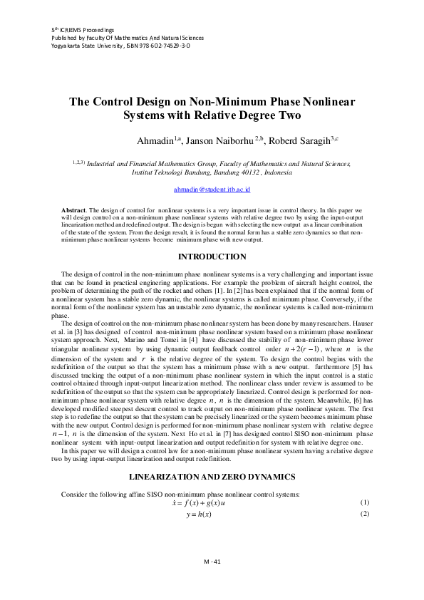 (PDF) The Control Design on Non-Minimum Phase Nonlinear Systems with ...