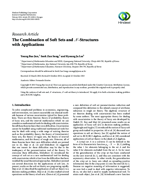 (PDF) The Combination of Soft Sets and -Structures with Applications