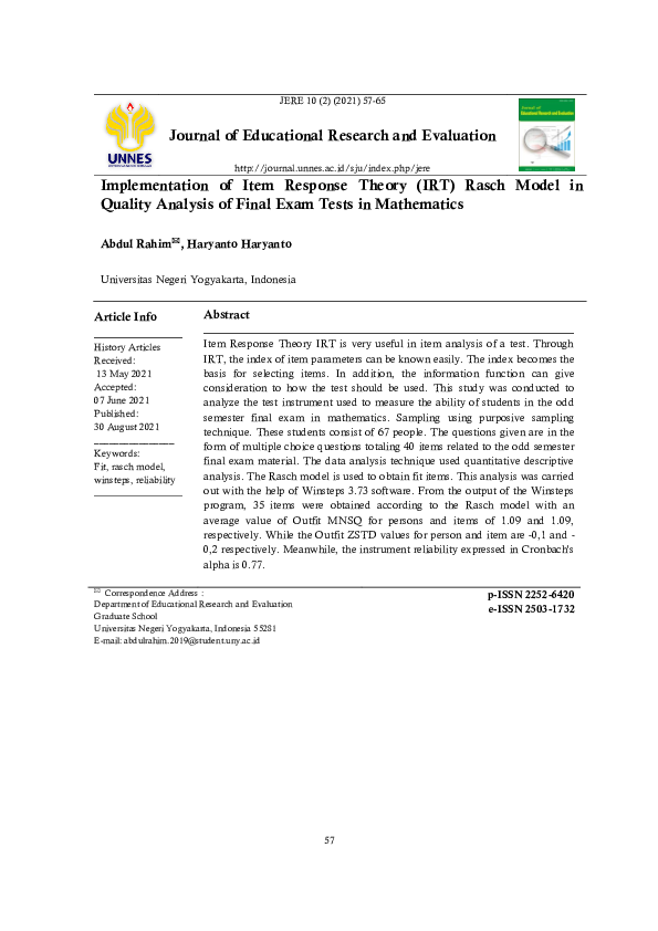 (PDF) Implementation of Item Response Theory (IRT) Rasch Model in Quality Analysis of Final Exam ...