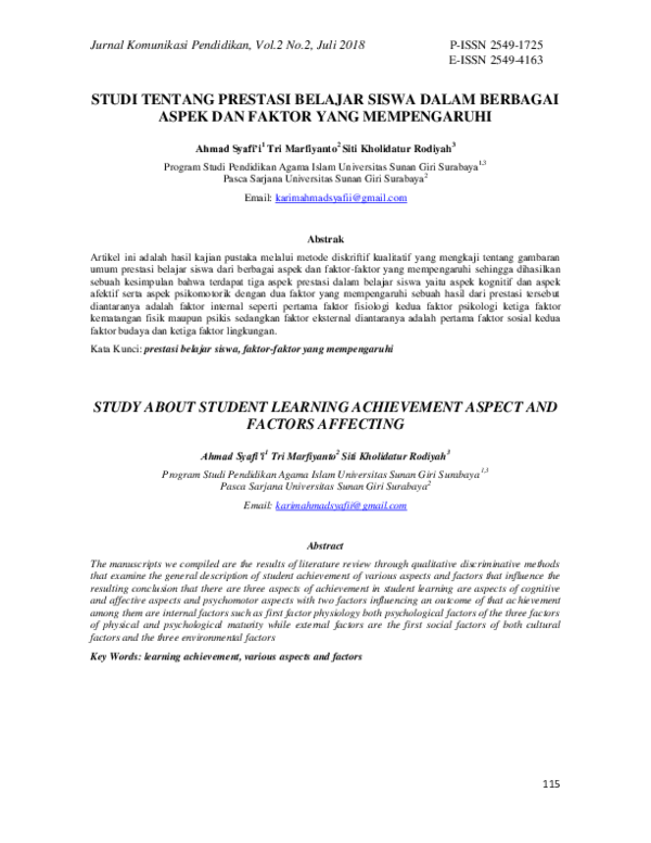 (PDF) Studi Tentang Prestasi Belajar Siswa Dalam Berbagai Aspek Dan Faktor Yang Mempengaruhi