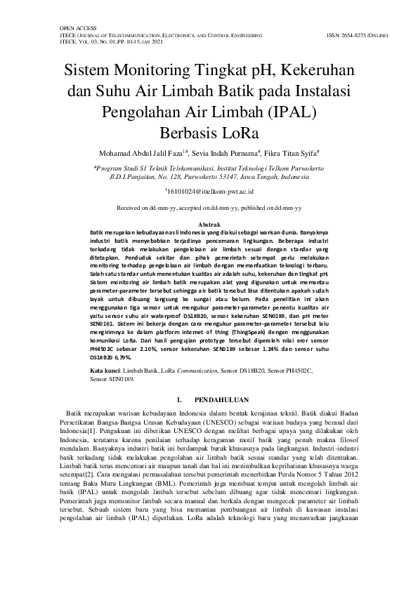 (PDF) Sistem Monitoring Tingkat pH, Kekeruhan dan Suhu Air Limbah Batik ...