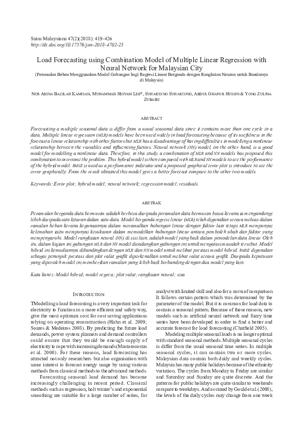 Pdf Load Forecasting Using Combination Model Of Multiple Linear Regression With Neural Network 