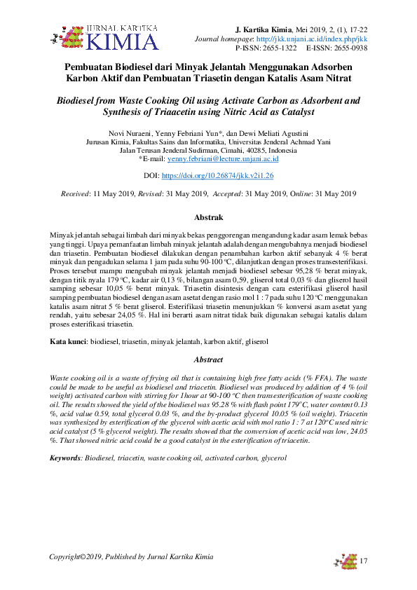 (PDF) Pembuatan Biodiesel dari Minyak Jelantah Menggunakan Adsorben ...