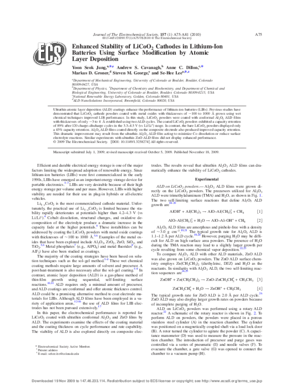 (PDF) Enhanced Stability of LiCoO[sub 2] Cathodes in Lithium-Ion Batteries Using Surface ...