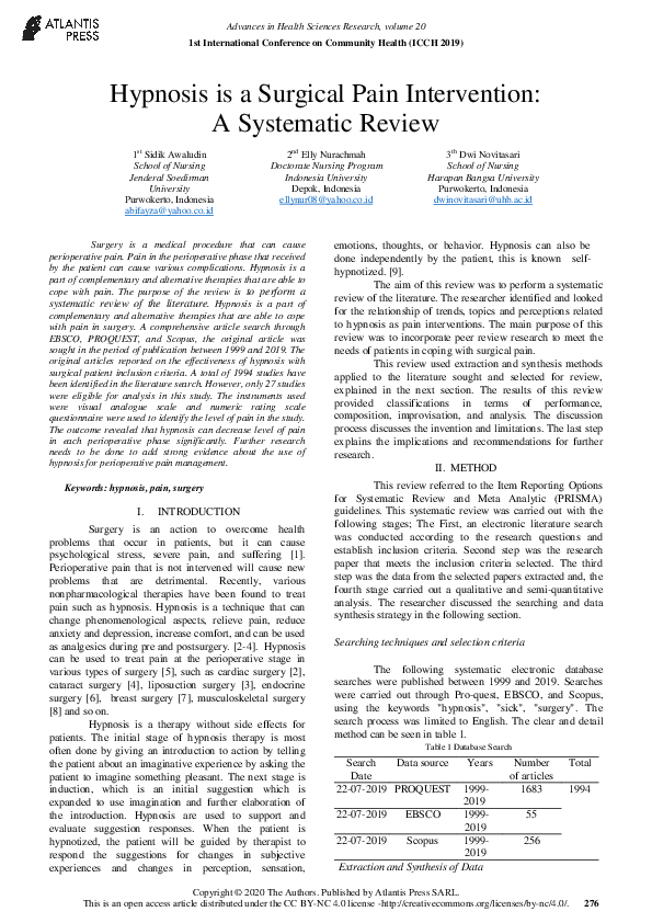 (PDF) Hypnosis is a Surgical Pain Intervention: A Systematic Review ...