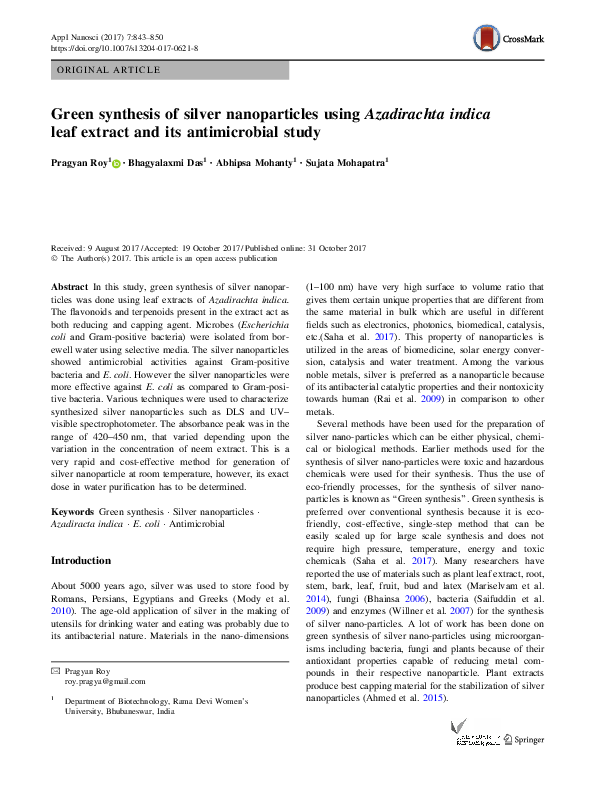 (PDF) Green synthesis of silver nanoparticles using Azadirachta indica leaf extract and its ...