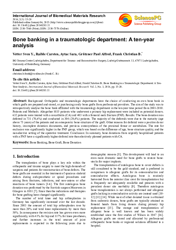 (PDF) Bone Banking in a Traumatologic Department: A Ten-Year Analysis