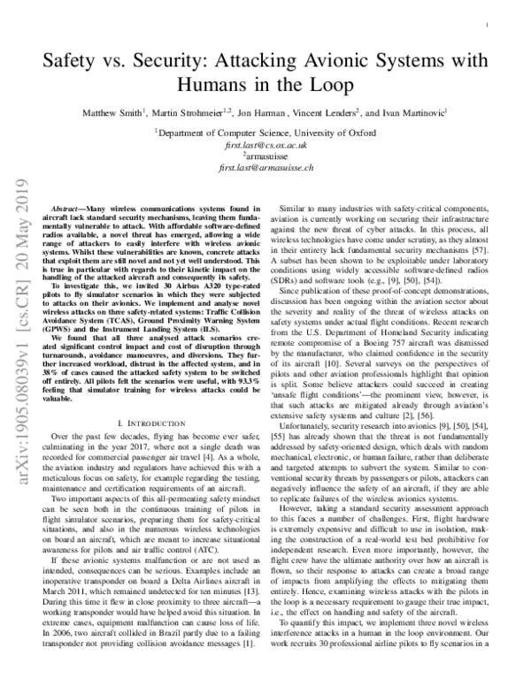 (PDF) Safety vs. Security: Attacking Avionic Systems with Humans in the ...