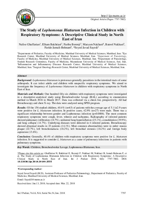 (PDF) The Study of Lophomonas Blattarum Infection in Children with ...