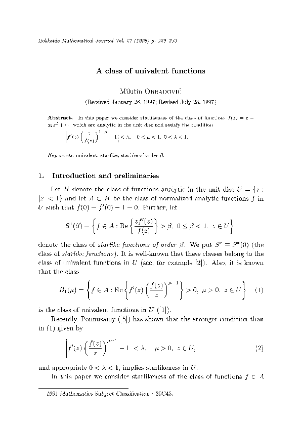 Pdf A Class Of Univalent Functions Saminathan Ponnusamy