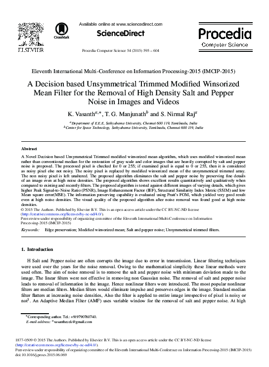 Pdf A Decision Based Unsymmetrical Trimmed Modified Winsorized Mean Filter For The Removal Of