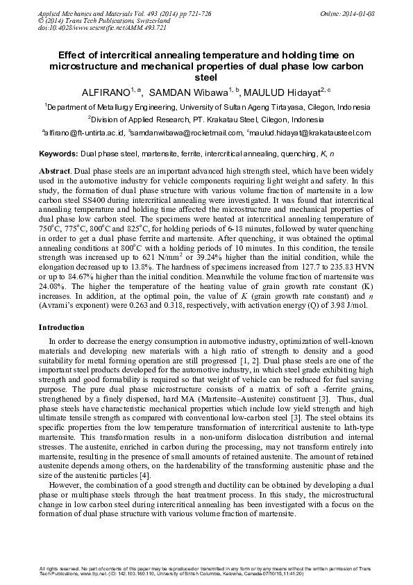 (PDF) Effect of intercritical annealing temperature and holding time on microstructure and ...