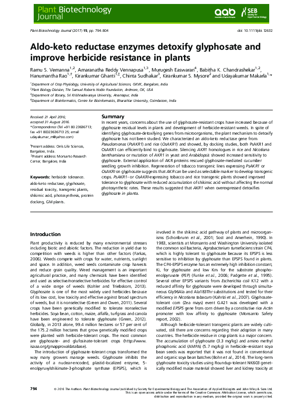 (PDF) Aldo-keto reductase enzymes detoxify glyphosate and improve ...