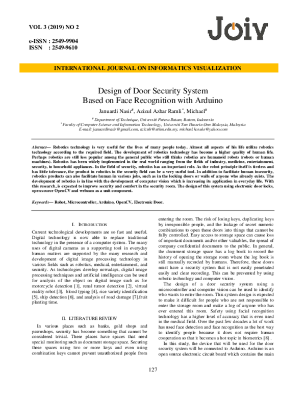 (PDF) Design of Door Security System Based on Face Recognition with Arduino
