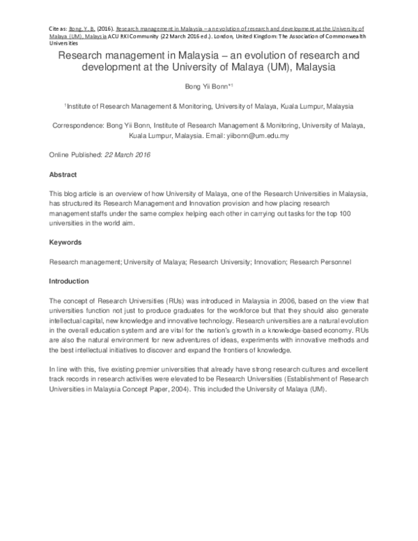 (PDF) Research management in Malaysia – an evolution of research and ...