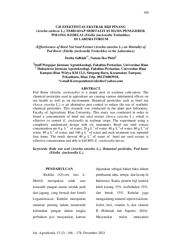 (PDF) UJI EFEKTIFITAS EKSTRAK BIJI PINANG (Arecha cathecu L.) TERHADAP MORTALITAS HAMA PENGGEREK ...