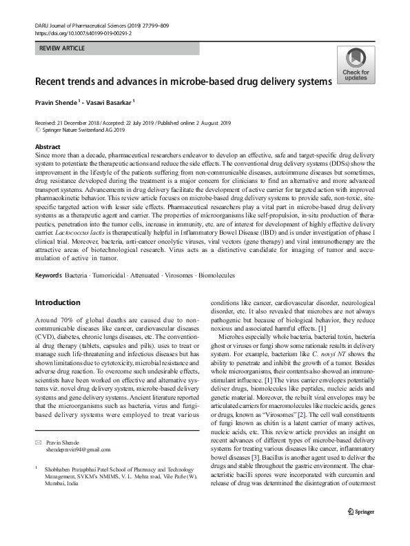 (PDF) Recent trends and advances in microbe-based drug delivery systems