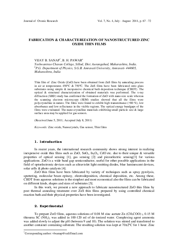 (PDF) Fabrication & Characterization of Nanostructured Zinc Oxide Thin ...