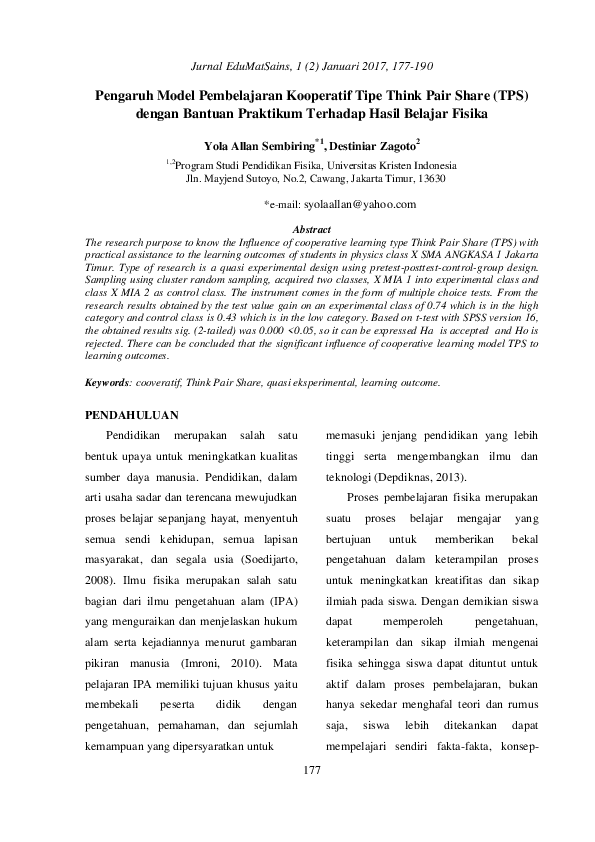 (PDF) Pengaruh Model Pembelajaran Kooperatif Tipe Think Pair Share (TPS) dengan Bantuan ...