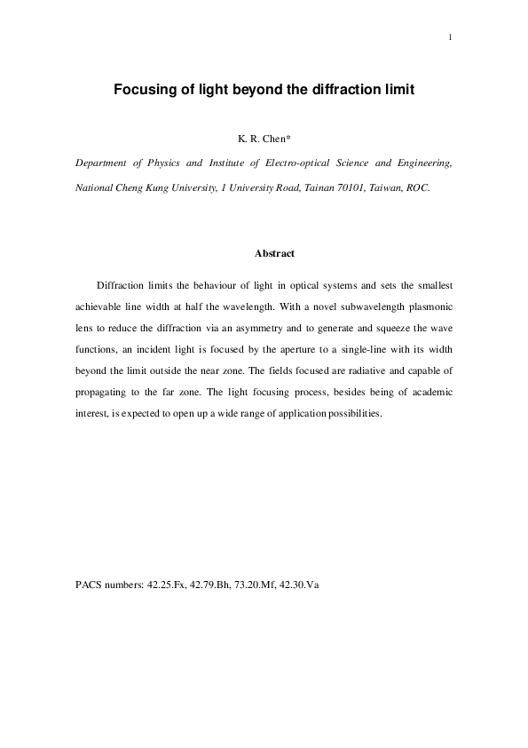 Pdf Focusing Of Light Beyond The Diffraction Limit