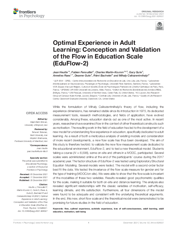 (PDF) Optimal Experience in Adult Learning: Conception and Validation ...