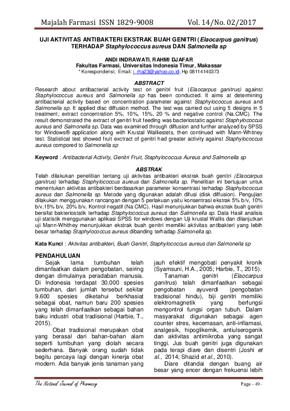 (PDF) UJI AKTIVITAS ANTIBAKTERI EKSTRAK BUAH GENITRI (Elaocarpus ...