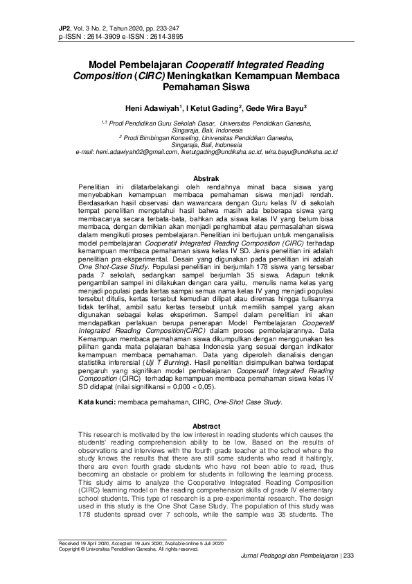 (PDF) Model Pembelajaran Cooperatif Integrated Reading Composition (CIRC) Meningkatkan Kemampuan ...