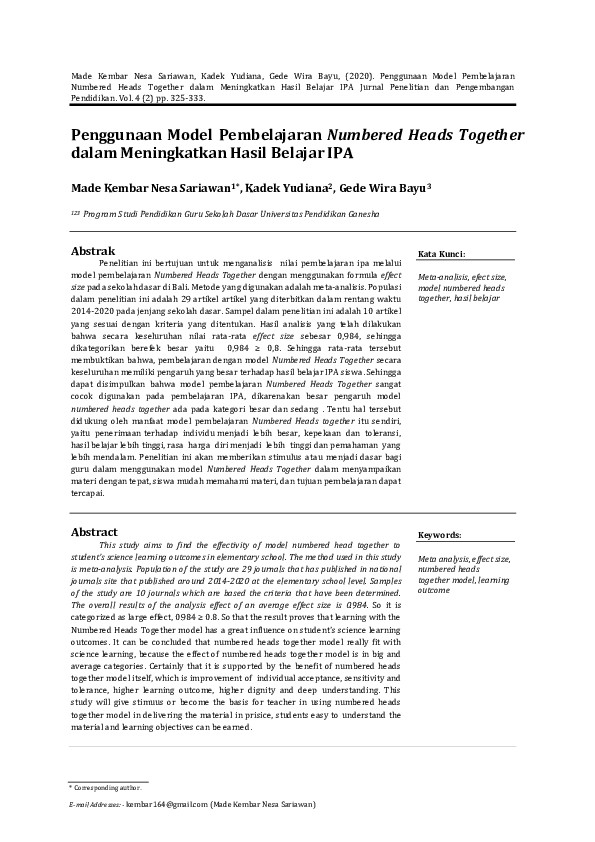 (PDF) Penggunaan Model Pembelajaran Numbered Heads Together dalam Meningkatkan Hasil Belajar IPA