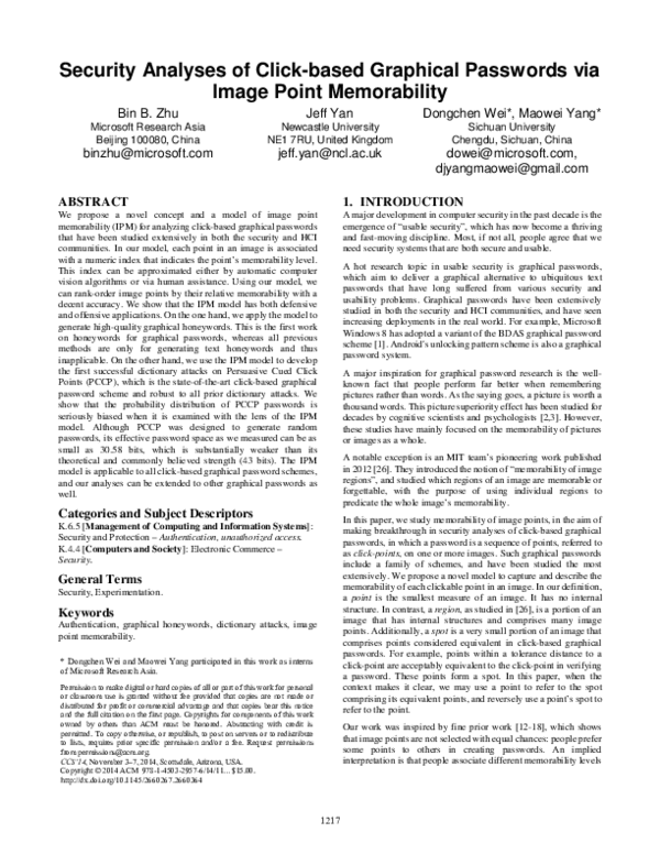 (PDF) Security Analyses of Click-based Graphical Passwords via Image Point Memorability